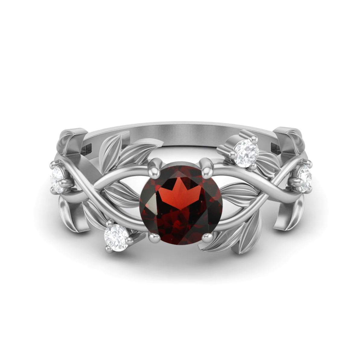 Garnet Nature-Inspired Leaf Vine Ring – Sterling Silver